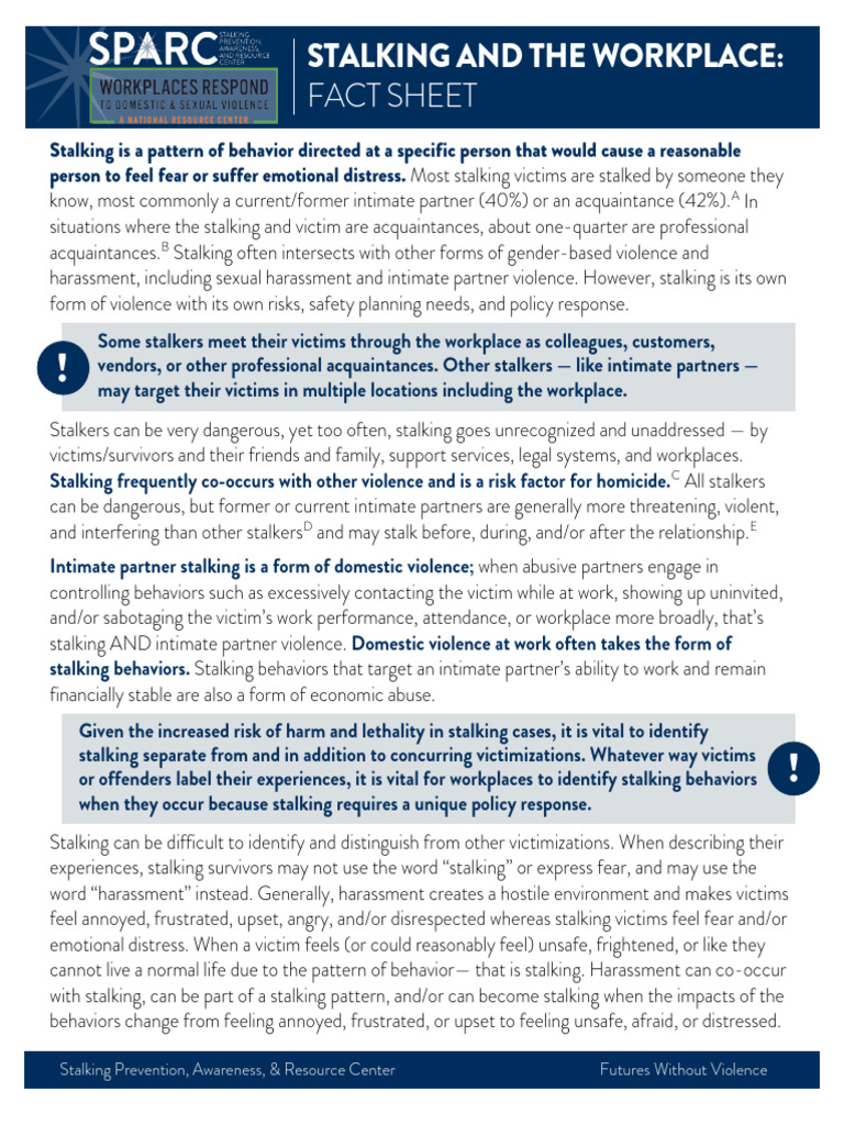 SPARC FUTURES Workplace Stalking Fact Sheet | PDF | Stalking | Violence