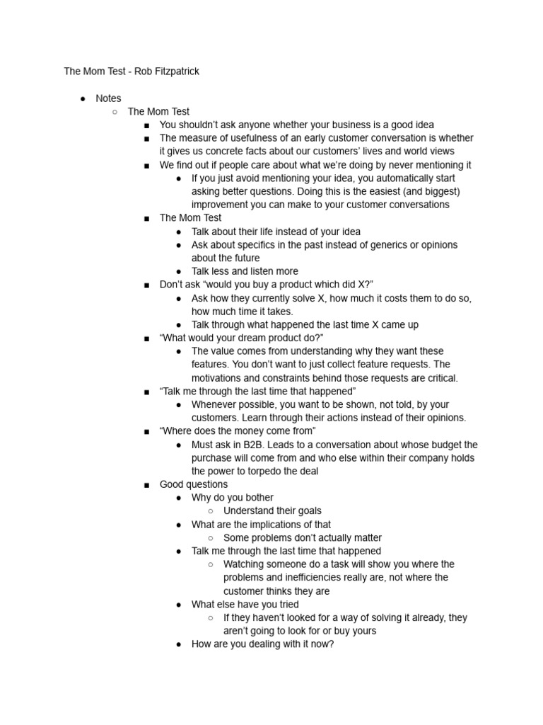 The Mom Test - Rob Fitzpatrick (Public) | PDF | Motivation | Motivational