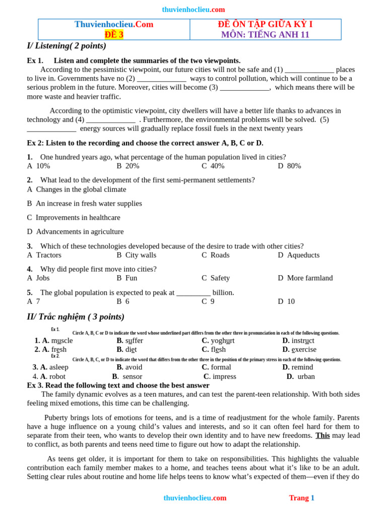 De On Tap Giua HK1 Tieng Anh 11 Global de 3 | PDF | Adolescence