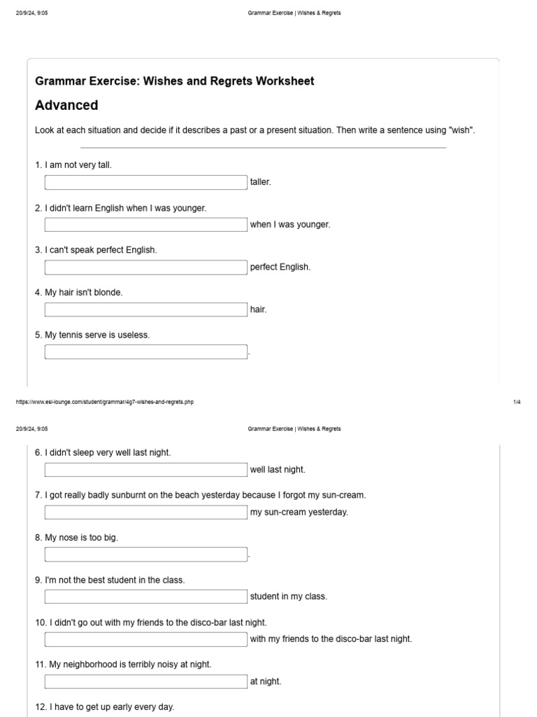 Wishes and Regrets Grammar Exercise | PDF