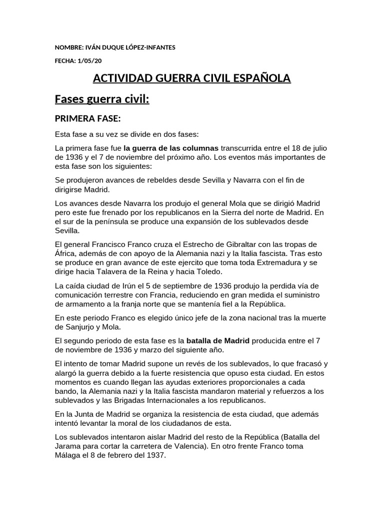 Actividad Guerra Civil Española Fases Guerra Civil:: Primera Fase | PDF ...