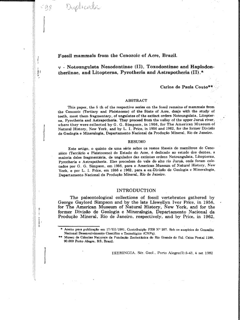 1982 Fossil Mammals Cenozoic Acre Notoungulata | PDF