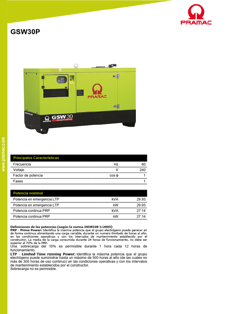 Ficha Técnica Pramac GSW30 1F 29,8KVA 1F 120240V | PDF | Cambiar | Energia electrica