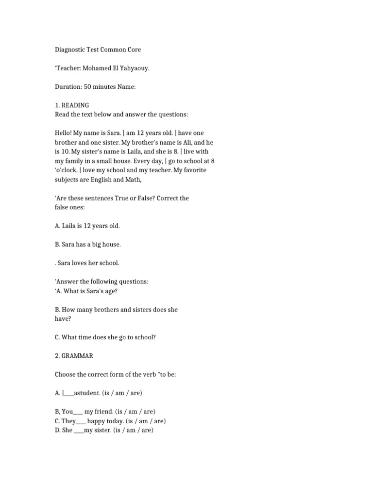 Diagnostic Test Common Core | PDF