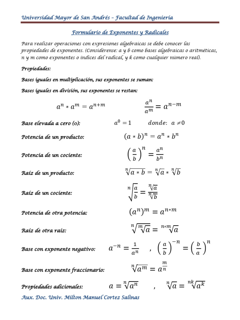 Formulario de Exponentes y Radicales Milton | PDF