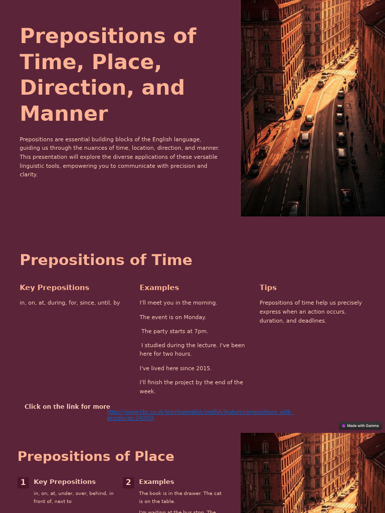 Prepositions of Time Place Direction and Manner | PDF | Preposition And ...