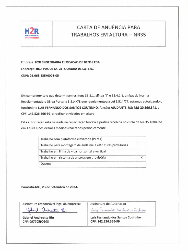 Carta de Anuência NR35 - Luiz Fernando Dos Santos Coutinho | PDF