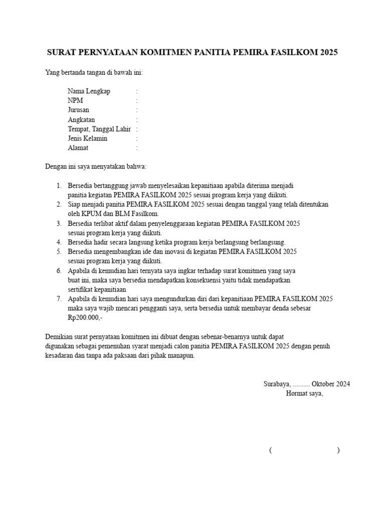 Surat Pernyataan Komitmen Panitia Pemira Fasilkom 2025 | PDF