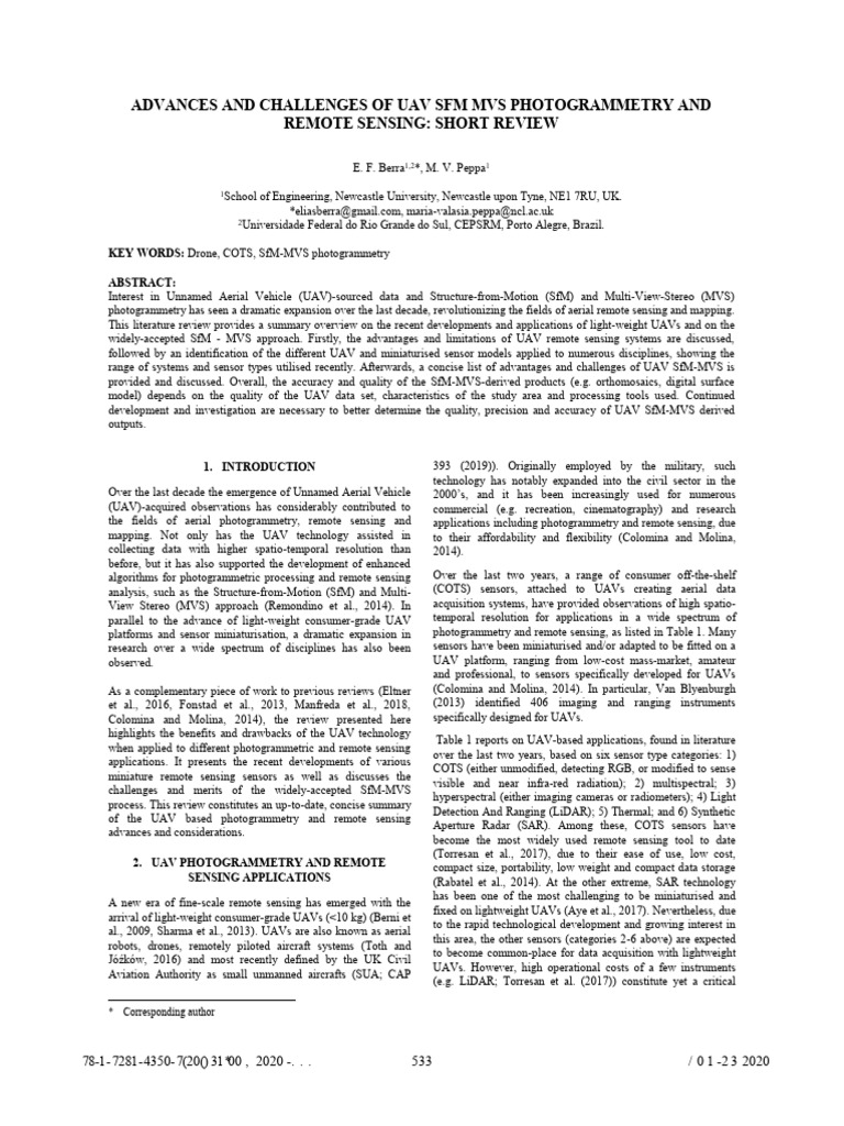 Advances and Challenges of UAV SFM MVS Photogrammetry and Remote Sensing Short Review | PDF ...