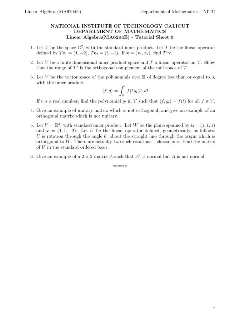 Linear Algebra Tutorial Sheet 9 Solutions | PDF