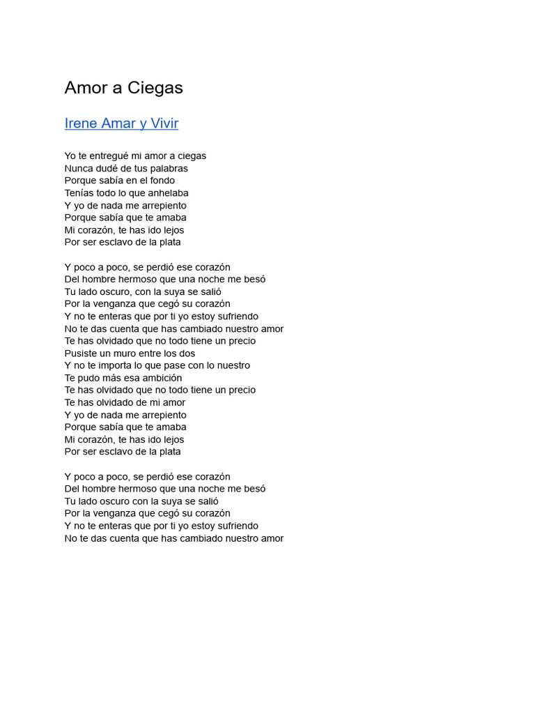 Letra de "Por Amar a Ciegas" | PDF