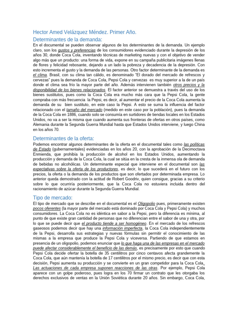 Trabajo de Economía. Cola Vs Pepsi. Hector Amed Velázquez Méndez | PDF ...