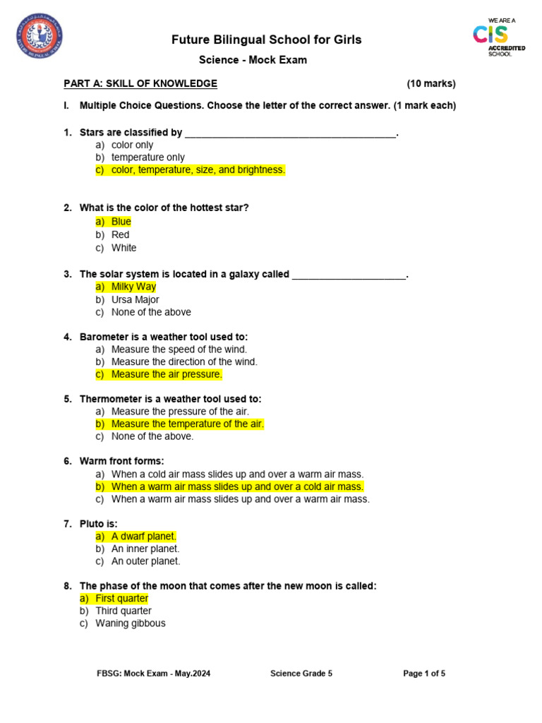 Mock Exam G5 - Answer Keys | PDF | Earth | Solar System