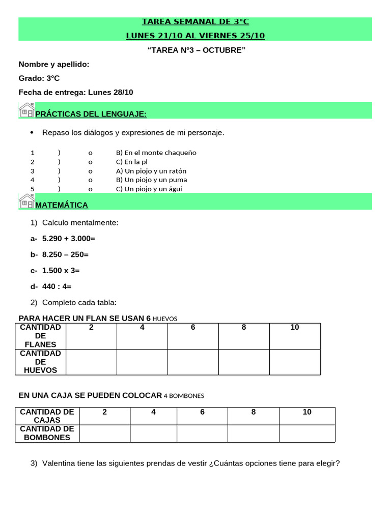 Tarea Semanal 3°C: Lengua y Matemáticas | PDF | Métodos y materiales de ...