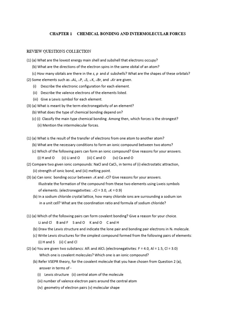 Chapter 1 Review Questions | PDF | Chemical Bond | Ionic Bonding