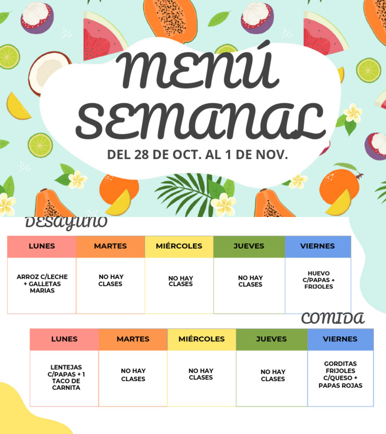 Menú Escolar: Desayuno y Comida (28 Oct - 1 Nov) | PDF
