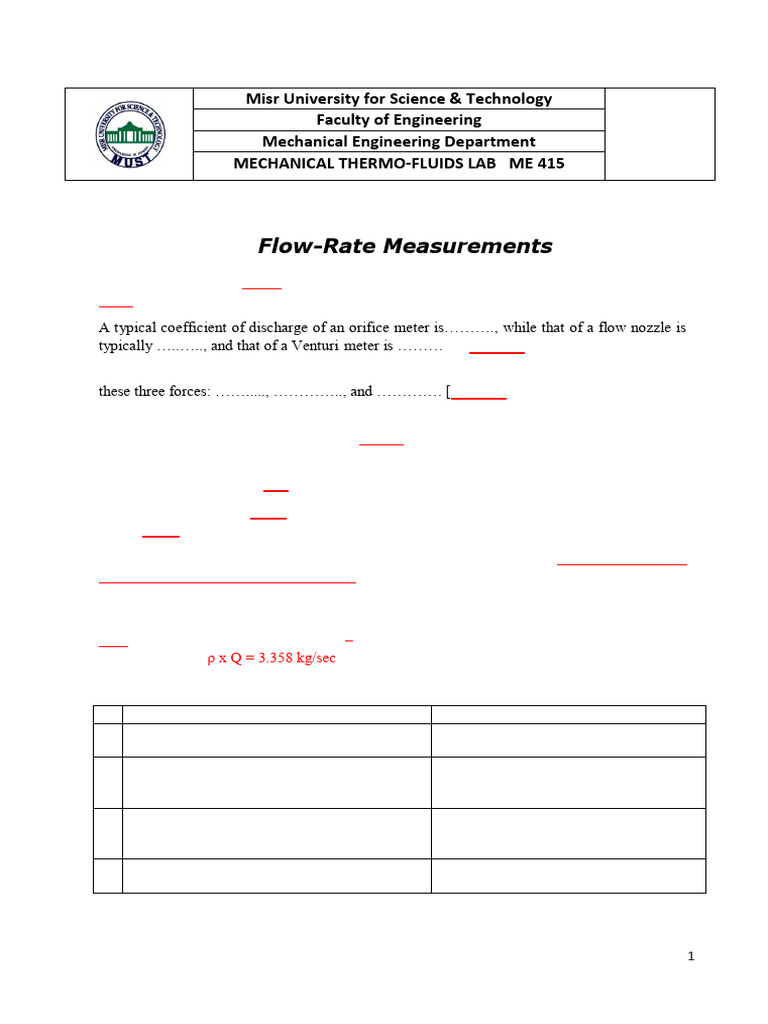 Sheet 4 - Flow Rate Measurements | PDF | Flow Measurement | Pressure ...