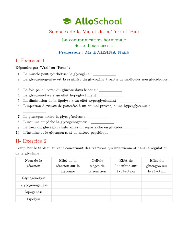 La Communication Hormonale Serie D Exercices 1 2 | PDF
