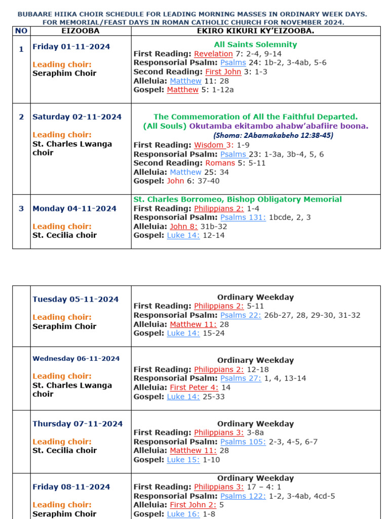 November 2024 Choir Schedule For Morning Masses | PDF | Workweek And ...