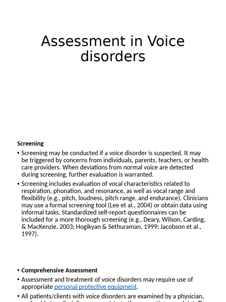 Voice Disorder Assessment Overview | PDF | Human Voice | Larynx