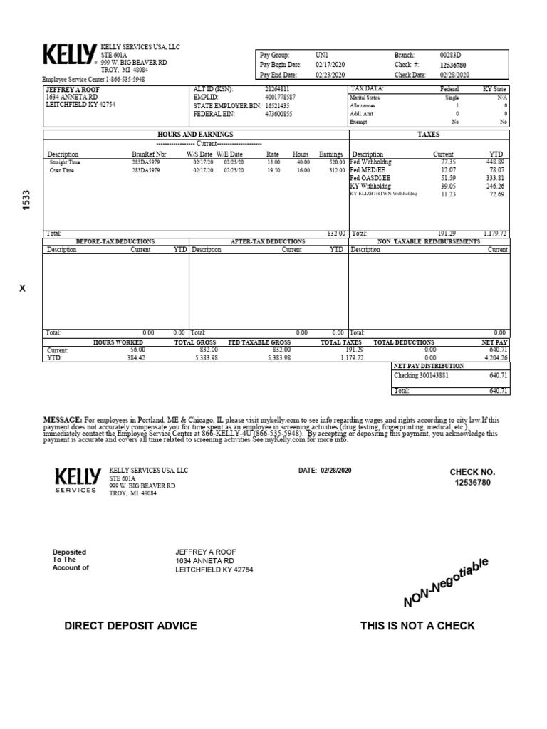 Direct Deposit Advice for Kelly Services | PDF | Business | Economies