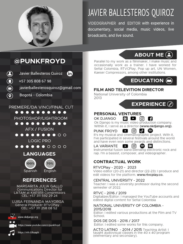 CV - Javier Ballesteros Quiroz - Videographer | PDF | Entertainment | Mass Media