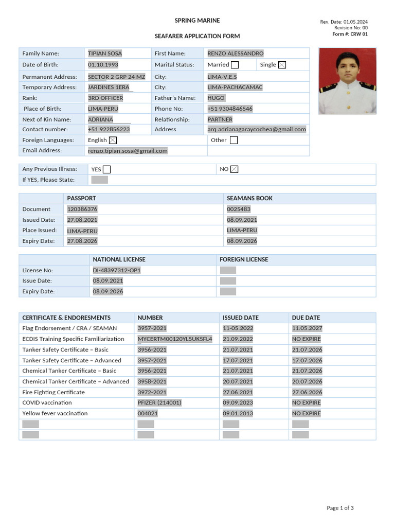 CRW 01 Seafarer Application Form-3RD OFFICER RENZO TIPIAN | PDF | Water ...