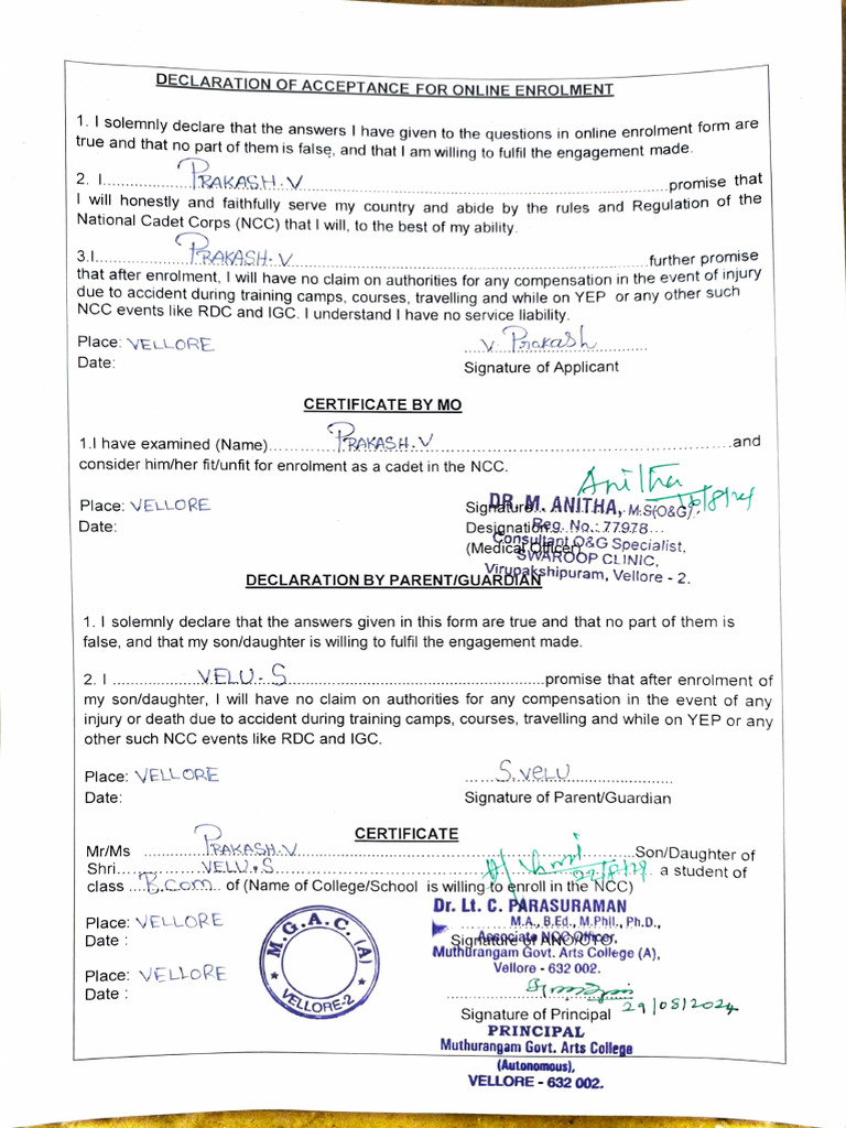 NCC Enrollment Declaration | PDF | Military Life | Military Education And Training
