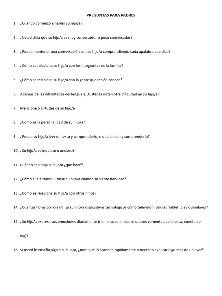 Preguntas para Padres-Valoracion de La Comprension | PDF | Artes del ...