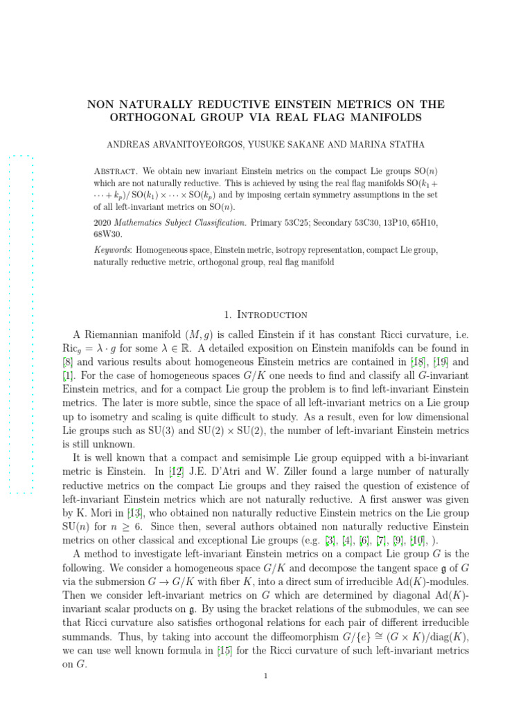 Non-Reductive Einstein Metrics on SO(n) | PDF | Lie Groups | Lie Algebra