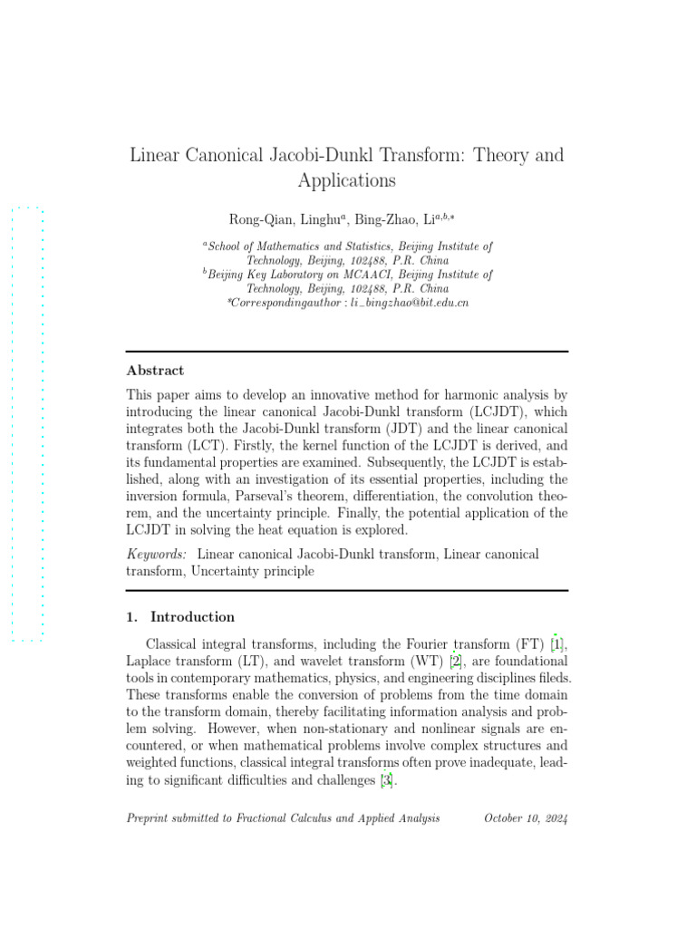 Linear Canonical Jacobi-Dunkl Transform-Theory and Applications | PDF | Fourier Transform ...