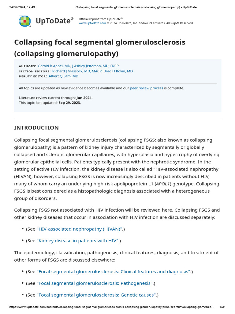 Collapsing Focal Segmental Glomerulosclerosis (Collapsing Glomerulopathy) - UpToDate | PDF ...