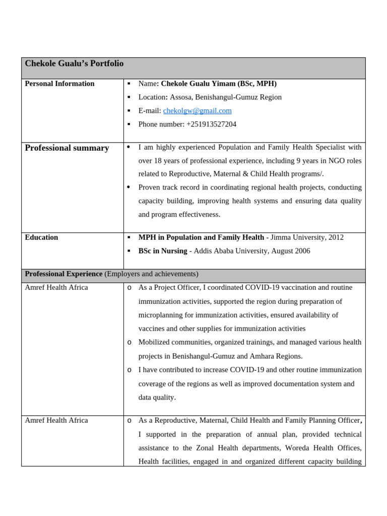 Chekole Gualu: Health Specialist Portfolio | PDF | Health Care