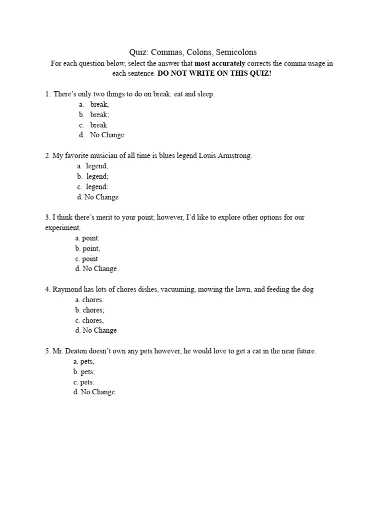 DEATON 8 - 29 Quiz Commas - Colons - Semicolons | PDF | Language Arts ...