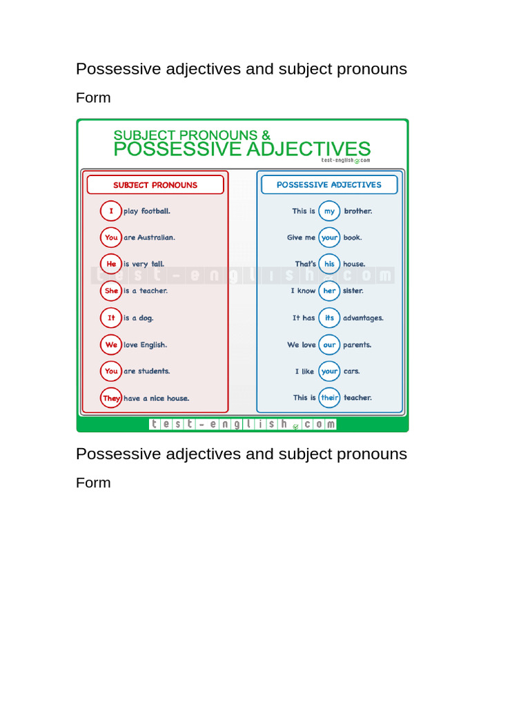 Possessive Adjectives vs. Subject Pronouns | PDF
