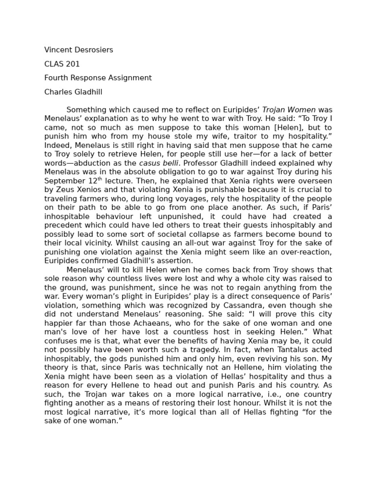 Fourth Responce Assignment | PDF | Helen Of Troy