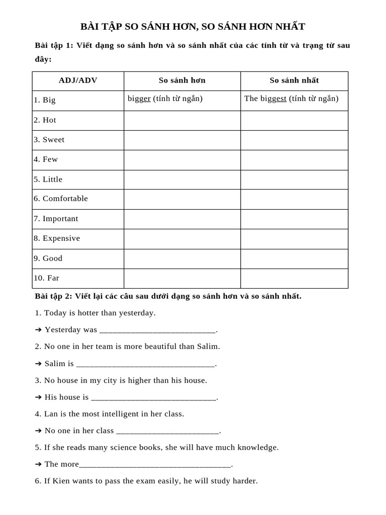 BÀI TẬP SO SÁNH HƠN, SO SÁNH HƠN NHẤT - gui HS | PDF | Teaching Methods & Materials
