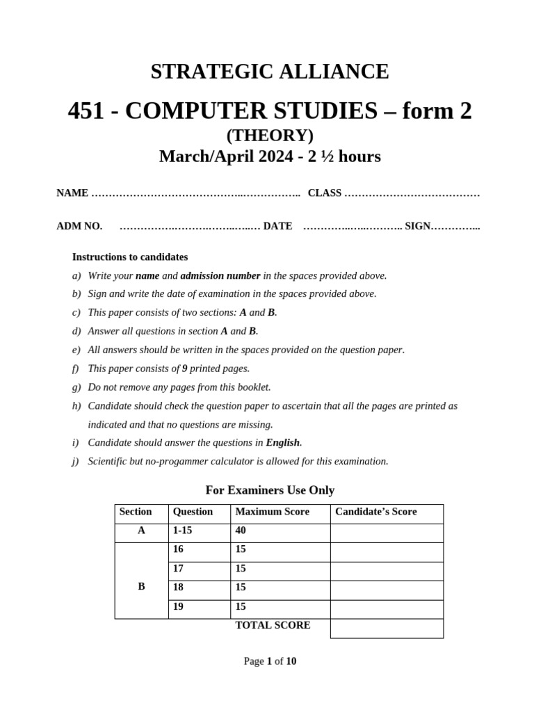 Form 2 Computer Studies PP1 Qns | PDF | Computer Data Storage | Operating System