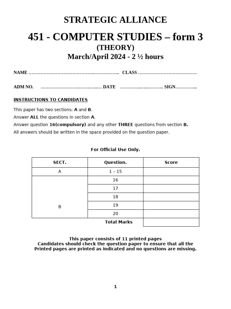 Form 3 Computer Studies PP1 Qns | PDF | Information Technology | Computing Form 3 Computer Studies PP1 Qns | PDF | Information Technology | Computing