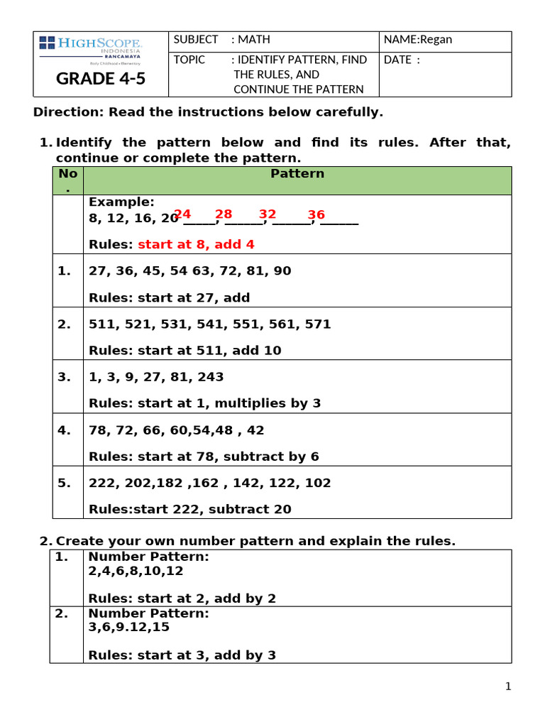 Math 4-5 - Identify Pattern, Find The Rules and Continue The Pattern (Practice 2) | PDF