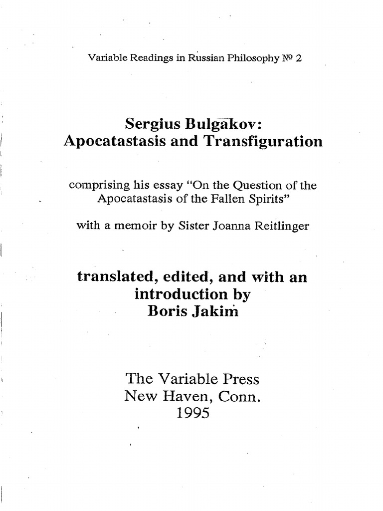 Apocatastasis and Transfiguration - Sergius Bulgakov | PDF