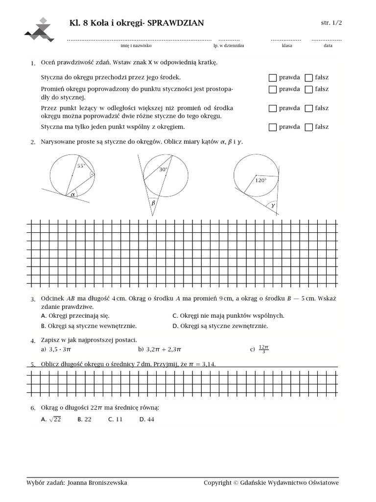 Sprawdzian - Koła I Okręgi Kl. 8 | PDF