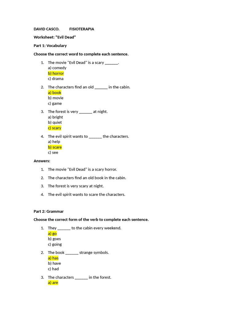 Worksheet - Evil Dead Movie | PDF