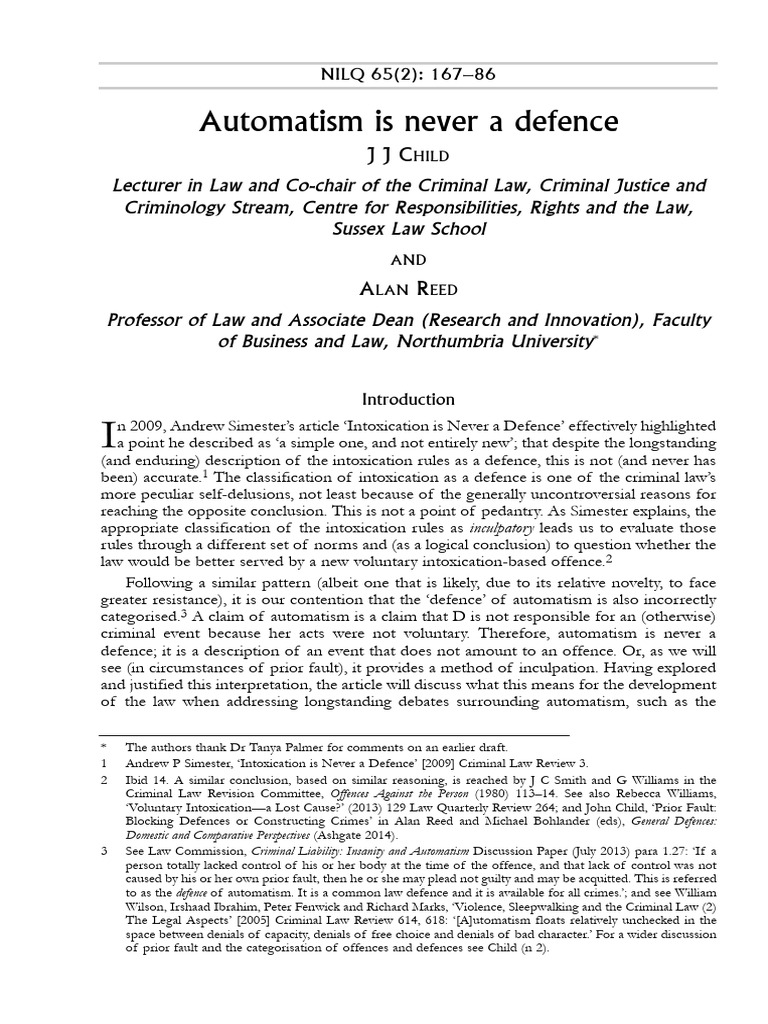 Automatism Is Never A Defence | PDF | Mens Rea | Criminal Law