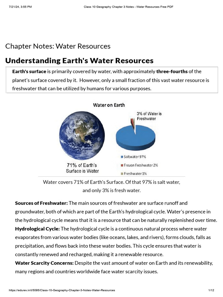 Class 10 Geography Chapter 3 Notes - Water Resources Free PDF | PDF ...