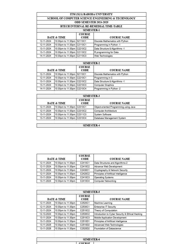Re Remedial Time Table Btech | PDF | Computer Programming | Discrete Mathematics