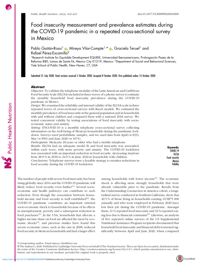 Food Insecurity Measurement and Prevalence Estimates During The Covid ...