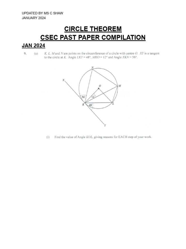 Circle Theorem Past Paper Worksheet | PDF