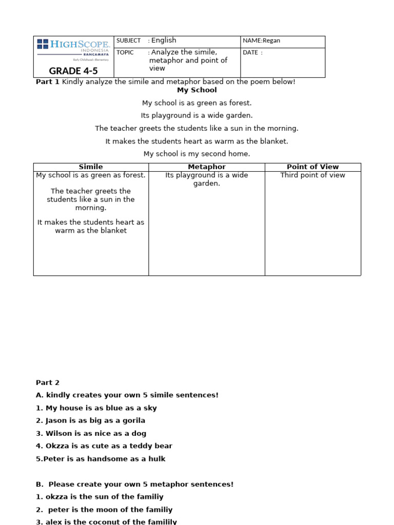 Analyzing Simile, Metaphor and Point of View Practice 1 | PDF