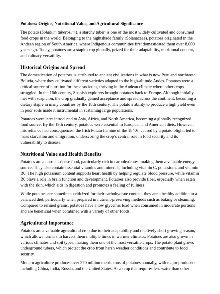 Potatoes - Origins, Nutritional Value, and Agricultural Significance | PDF | Potato | Staple Foods